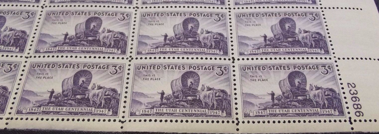 U.S. 3¢ Stamps #950 Utah Utah Centennial, 1947 Postal Stamps Sheet of ...