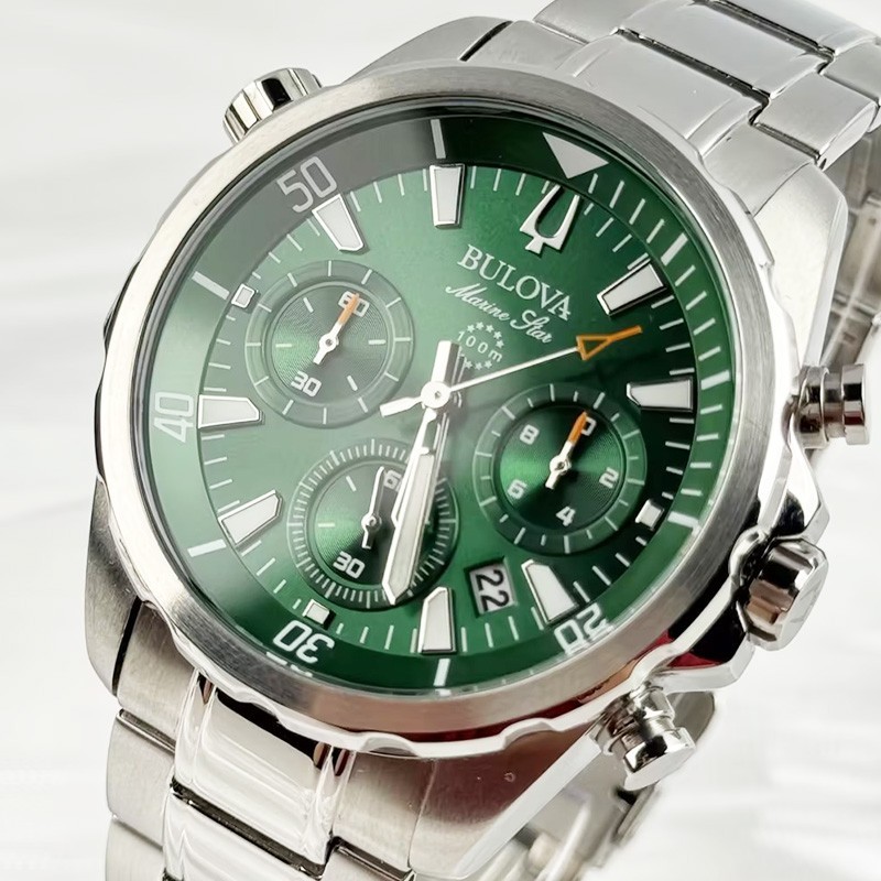 Bulova Marine Star 96B396 Quartz Chronograph Men's Watch Green Dial ...