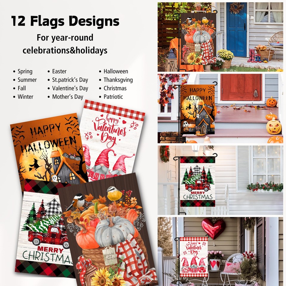 Burlap Seasonal Garden Flags Set of 12, 12x18 Double Sided Outside Yard ...
