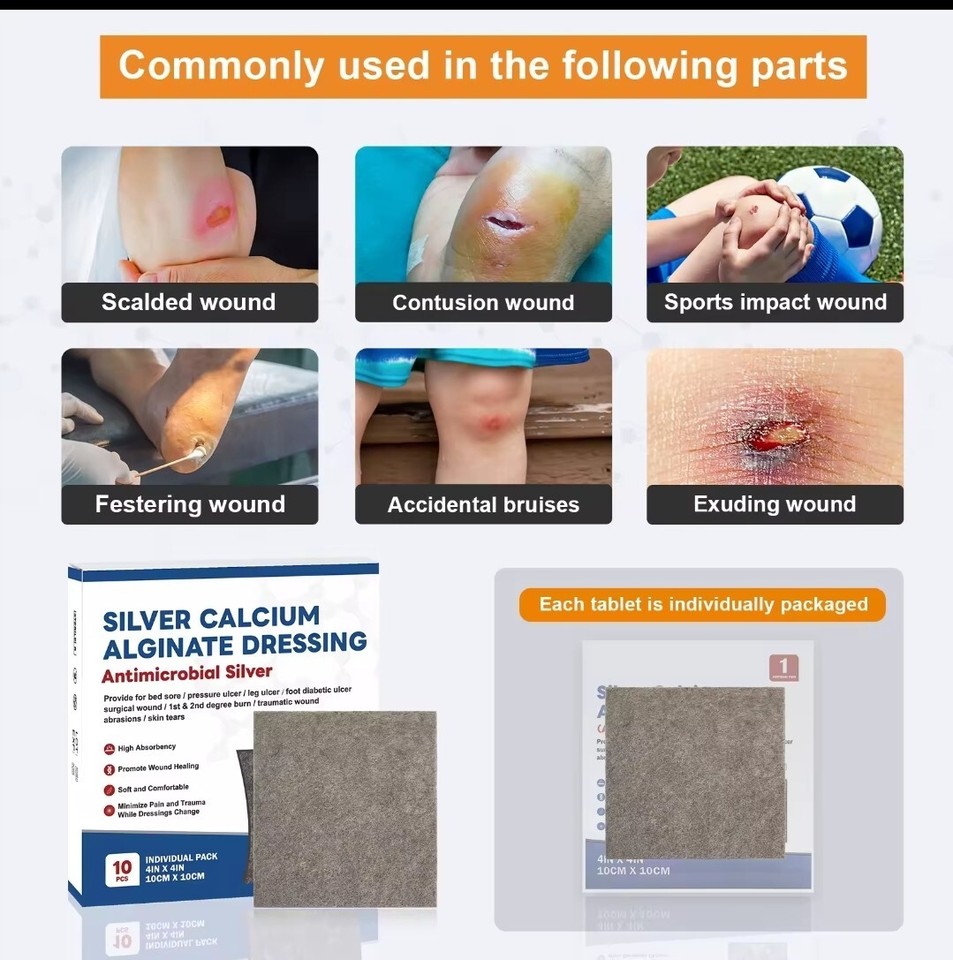 Ag Silver Calcium Alginate Wound Dressing Pads Soft Highly Absorbent 4 ...