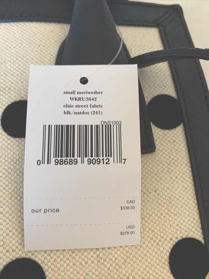 KATE SPADE SMALL MERIWETHER ELSIE STREET FABRIC BLACK/NATDOT POLKA DOT ...