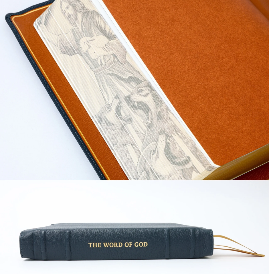 NKJV Bible: Humble Lamb, Goatskin Leather, Shepherd Wolves Fore-Edge ...
