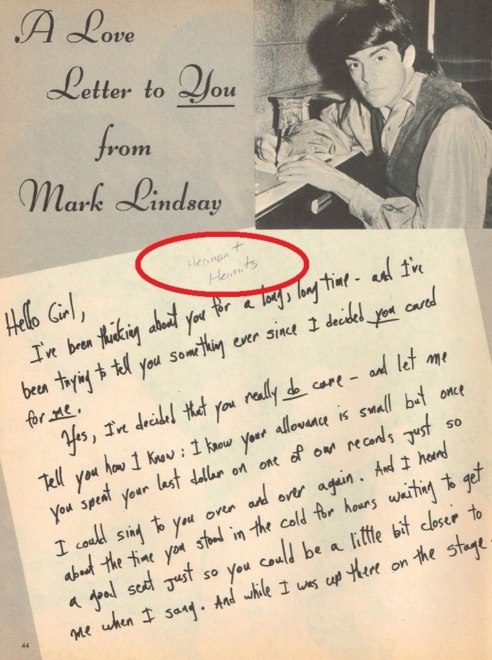 Herman's Hermits pinup Mark Lindsay article clipping love letter ...