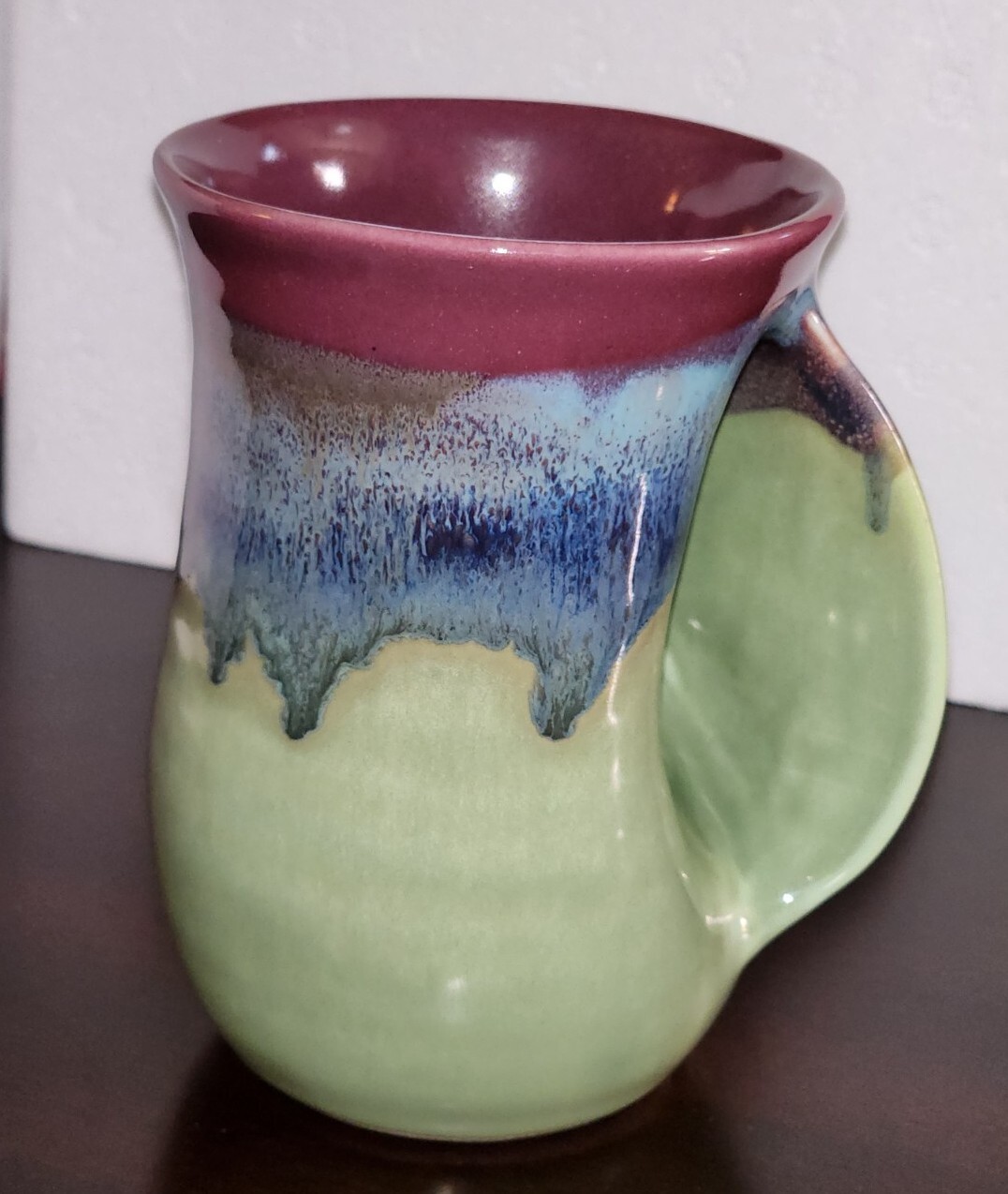 Neher Pottery Hand Warmer Mug 2017 Drip Glaze Green Blue Purple | eBay
