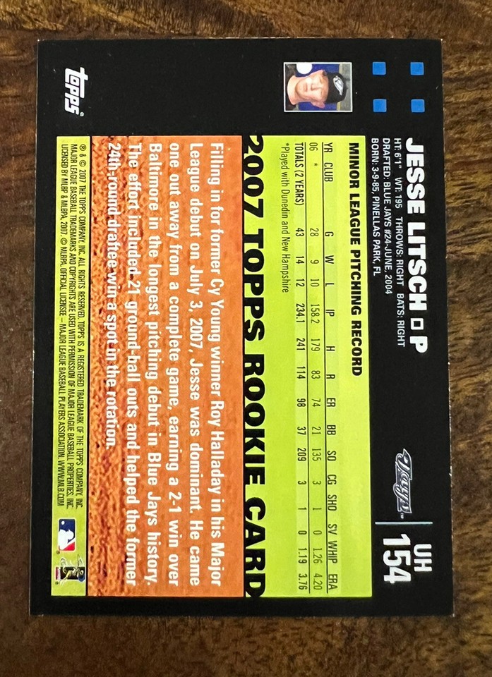 2007 Topps Update #154 Jesse Litsch RC Toronto Blue Jays | eBay