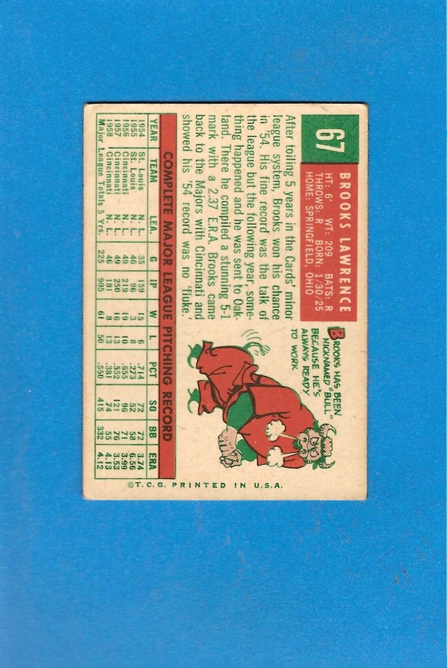 1959 TOPPS #67 Brooks Lawrence Reds EX Mint Crease Free | eBay