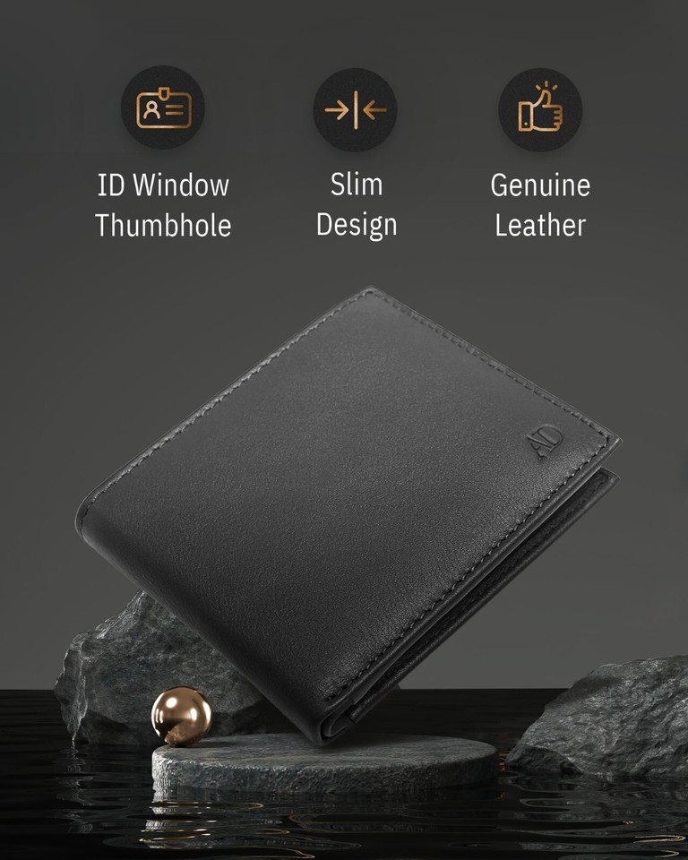 Genuine Leather Slim Bifold Wallets For Men With Flip-Up ID Window RFID ...