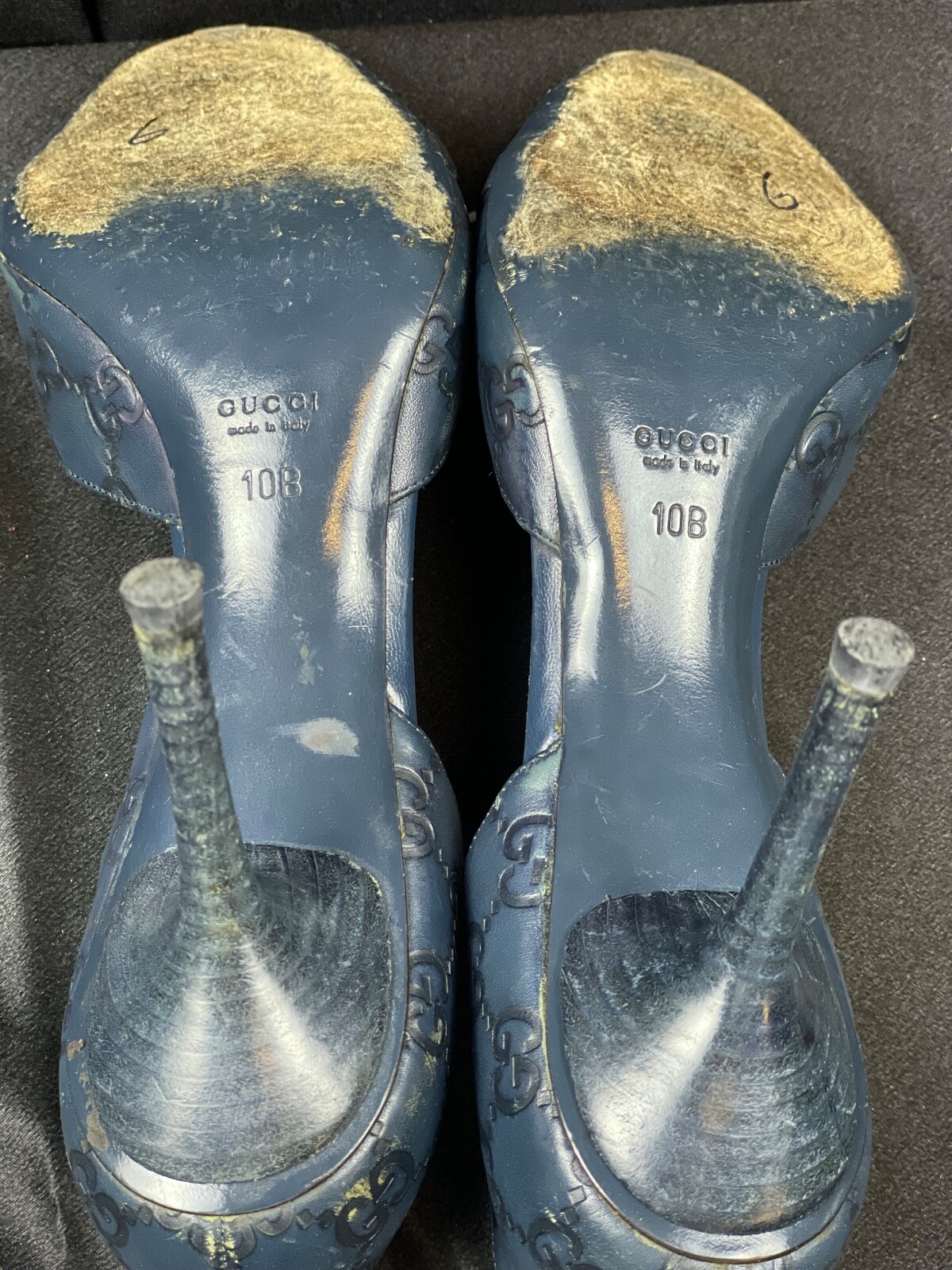 Vintage dark royal blue/gold Gucci leather heels size… - Gem