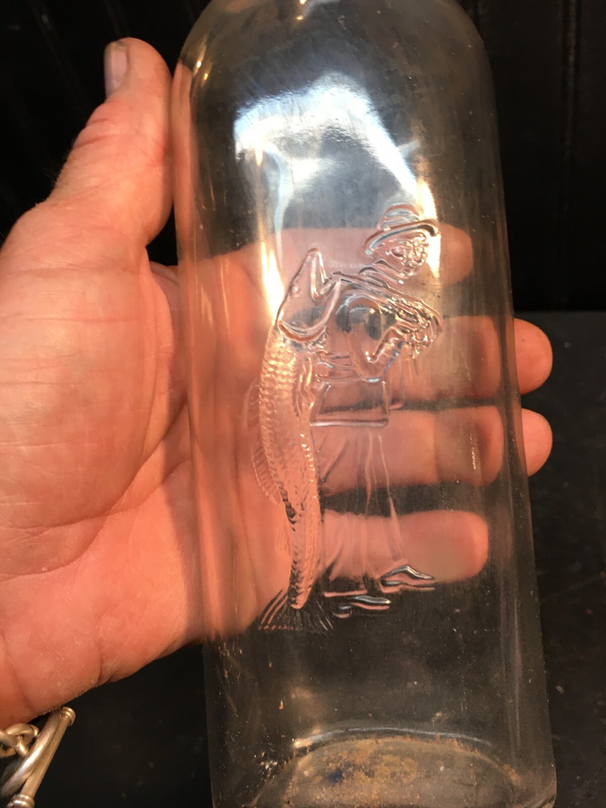 Vintage Cod Liver Oil Bottle Embossed Man with Fish Owen's Glass 9 3/8 ...