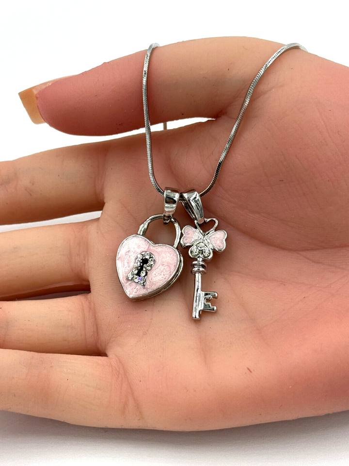 Pink Heart Lock and Key Pendant Necklace Crystal and White Gold | eBay