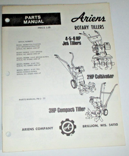 Ariens 4,5&6 HP Jet Rotary Tiller Parts Manual Catalog 1977 ORIGINAL PM ...
