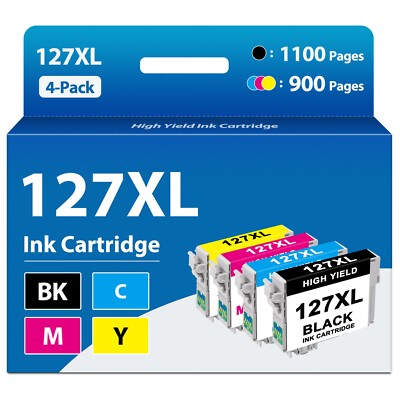 4 Pack 127XL Ink (Black/Cyan/Magenta/Yellow) for Epson WF-3520 7010 ...