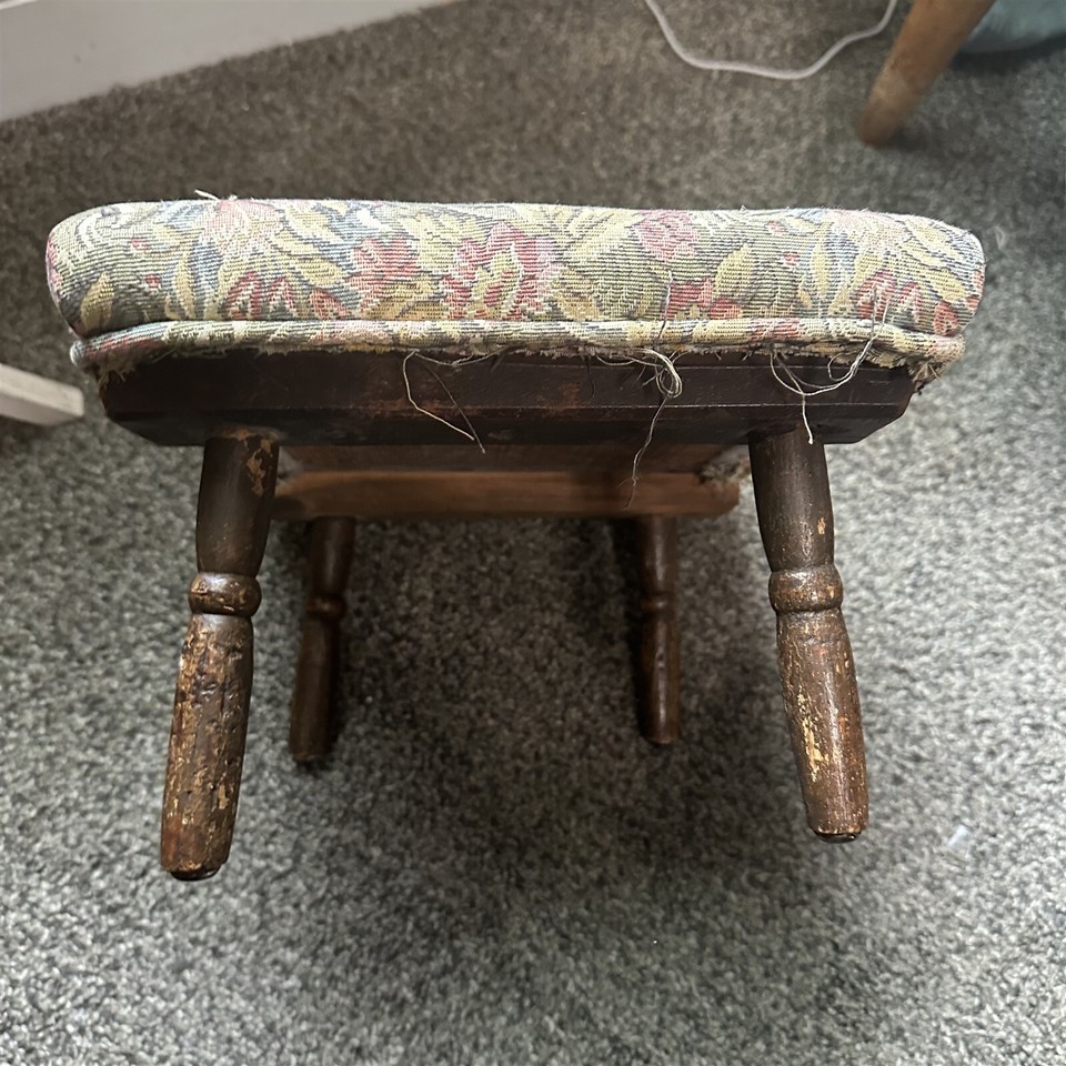 Vintage Upholstered Wood Foot Stool Tapestry Footstool Farmhouse Shabby ...
