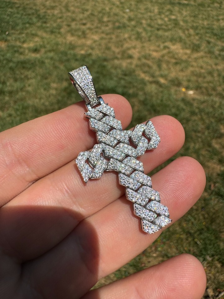 MOISSANITE Prong Miami Cuban Link Cross Pendant - 925 Silver Necklace 3 ...