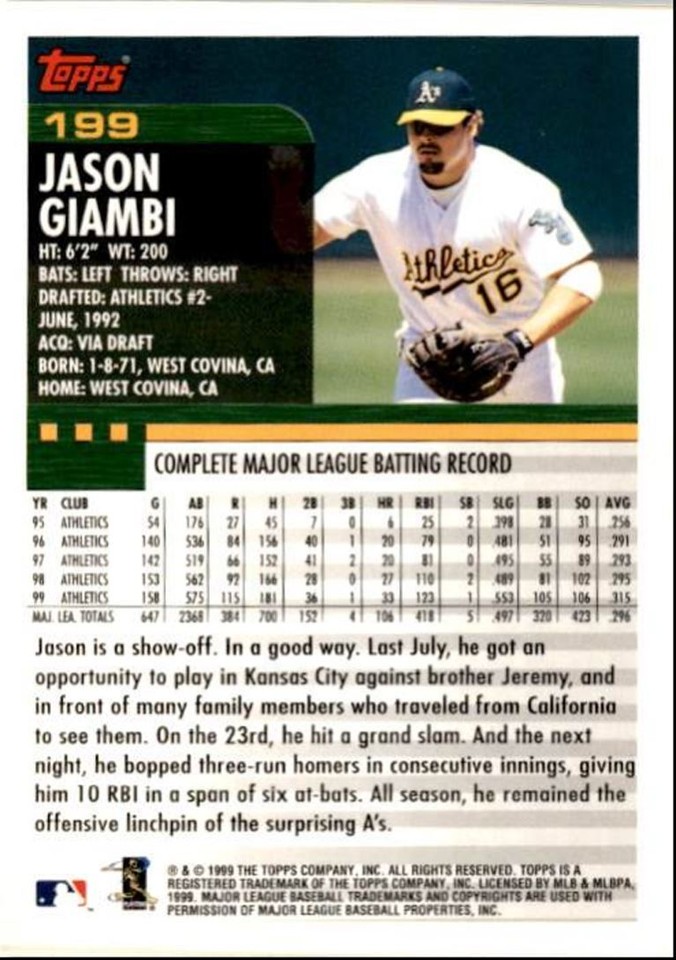 2000 Topps Baseball Card Jason Giambi Oakland Athletics #199 | eBay