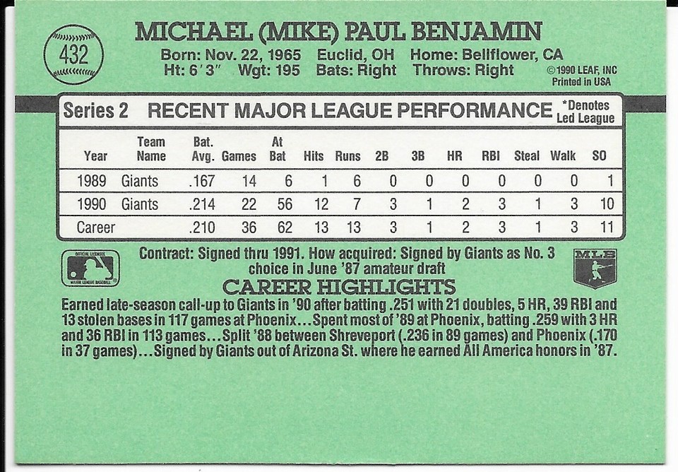 1991 Donruss Mike Benjamin Rated Rookie #432 UER (no period after INC ...