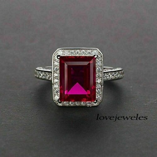 2.50CT Emerald Cut Real Red Ruby Engagement Wedding Halo Ring 14K White ...