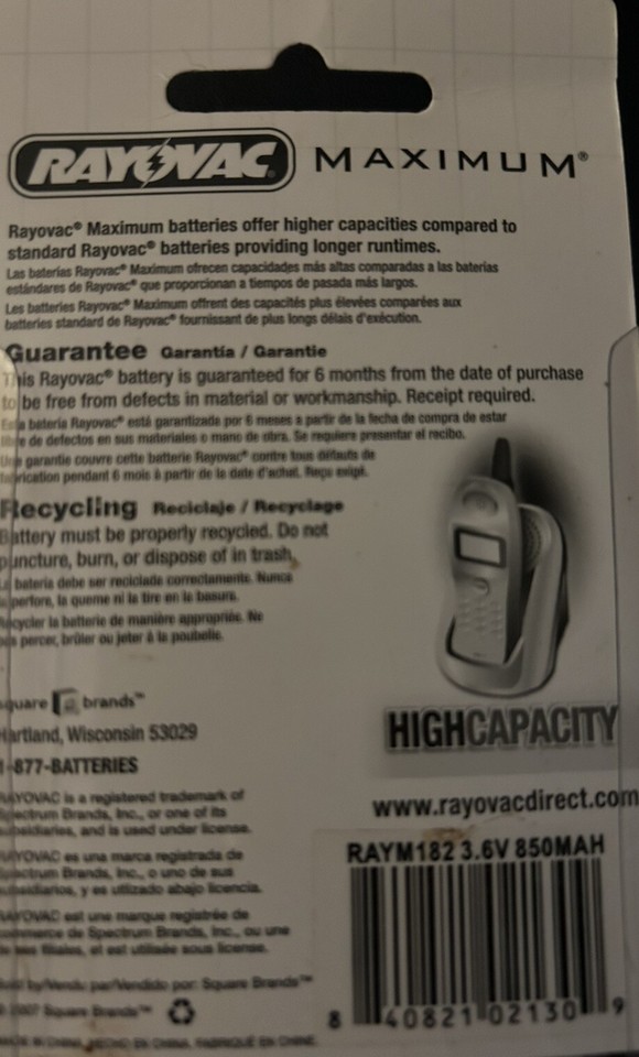 RayOVac MAXIMUM Cordless Phone Rechargeable Battery RayM182 3.6V 850mAh ...