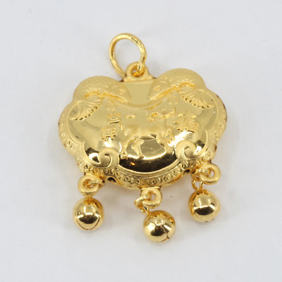 24K Solid Yellow Gold Baby Puffy Sheep Longevity Lock with Bells Hollow ...