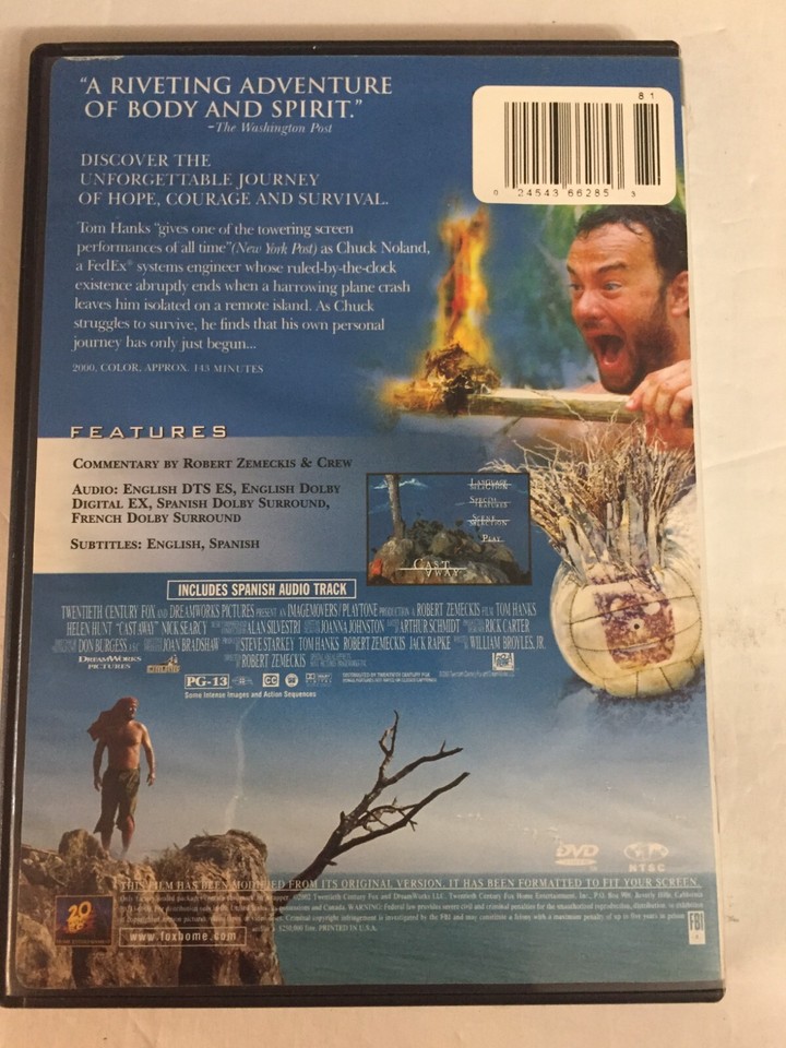 Cast Away Tom Hanks DVD Full Screen Edition Ships Same Day With ...