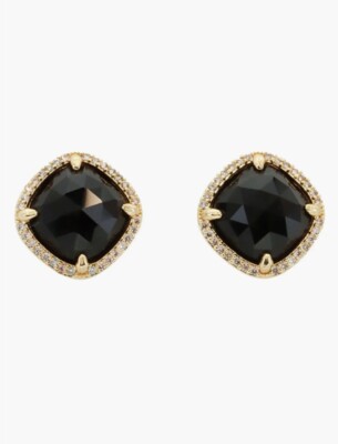 Panacea Cushion Cut Onyx & Crystal Halo Gold Tone Stud Earrings New | eBay