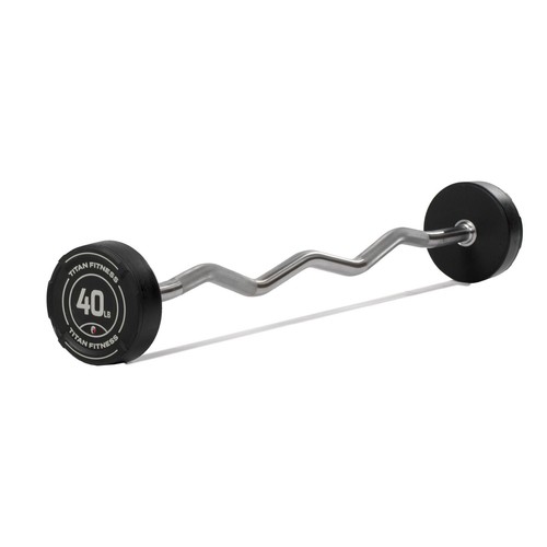 Titan Fitness 40 LB Rubber EZ Curl Fixed Barbell, Pre-Loaded Weight Bar ...