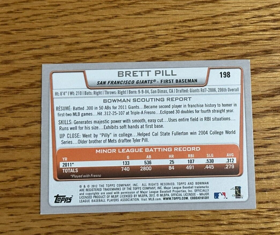 BRETT PILL 2012 Bowman #198 Rookie RC | eBay