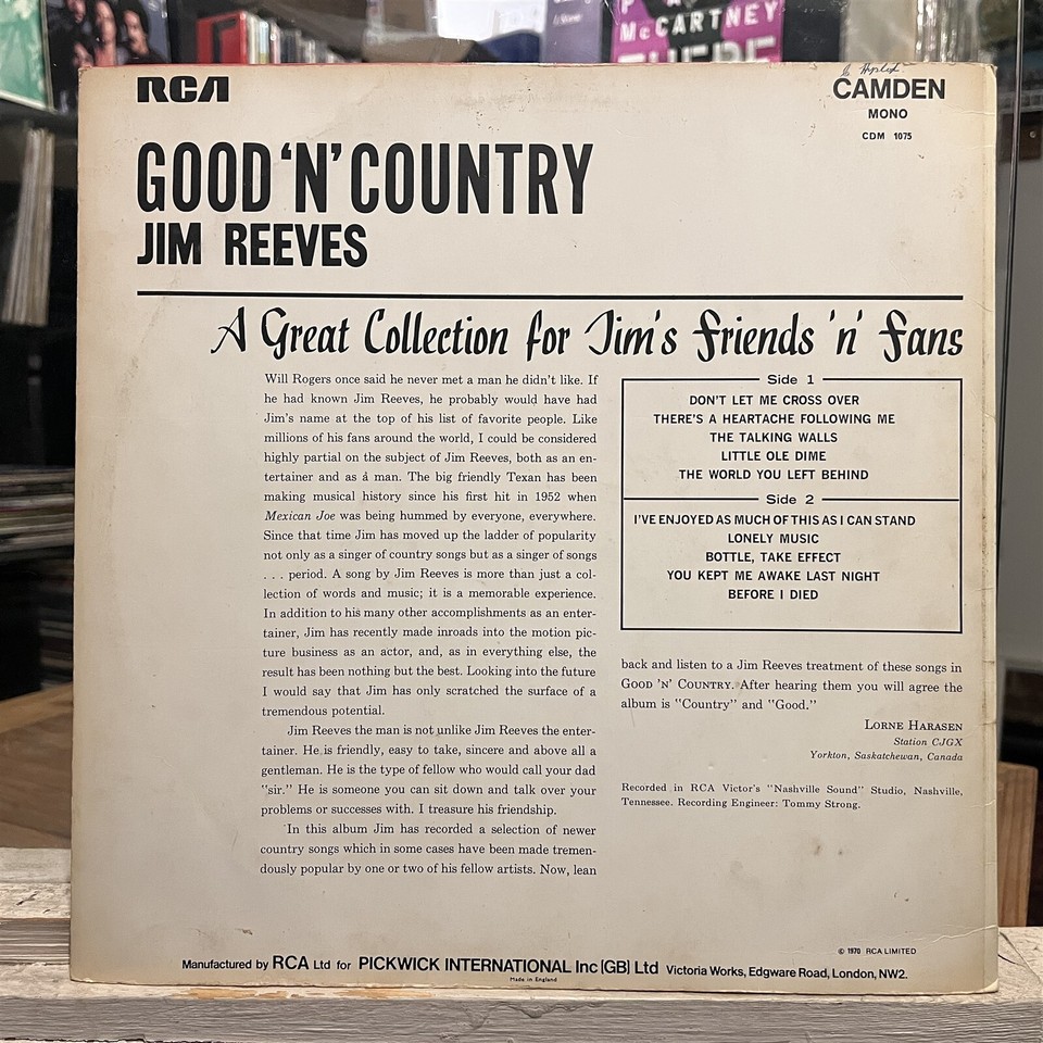 [COUNTRY]~EXC LP~JIM REEVES~Good 'N' Country~[1970~RCA~Issue]~UK Import ...