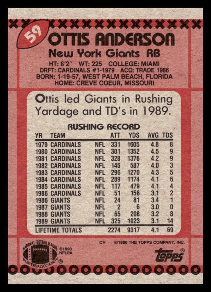 1990 TOPPS NFL Football Trading Card #59 🏈 OTTIS ANDERSON, New York ...