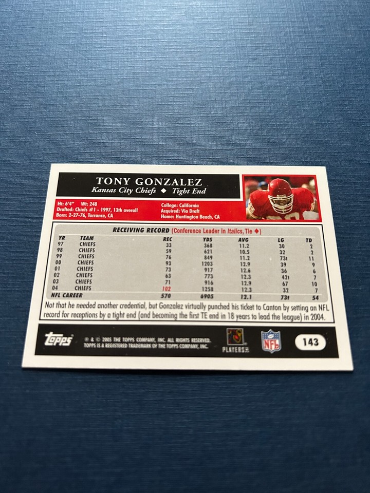 2005 Topps Football Tony Gonzalez #143 HOF Factory Set Break NM-MT | eBay