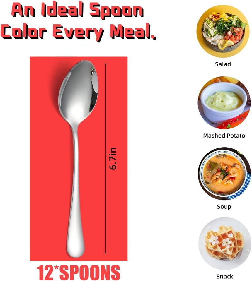 12 Piece Table Spoons Set 18/10 Stainless Steel Dinner Tablespoons Soup ...
