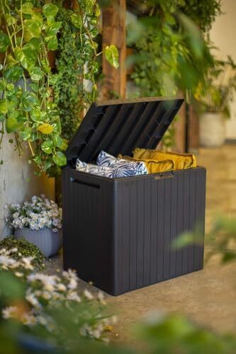 Keter City 30 Gallon Resin Outdoor Storage Box and Patio Furniture Side ...