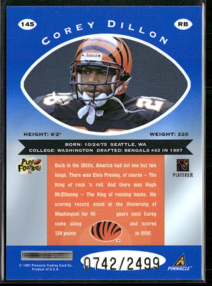 Corey Dillon 1997 Pinnacle Totally Certified Platinum Blue #145 #/2499 ...