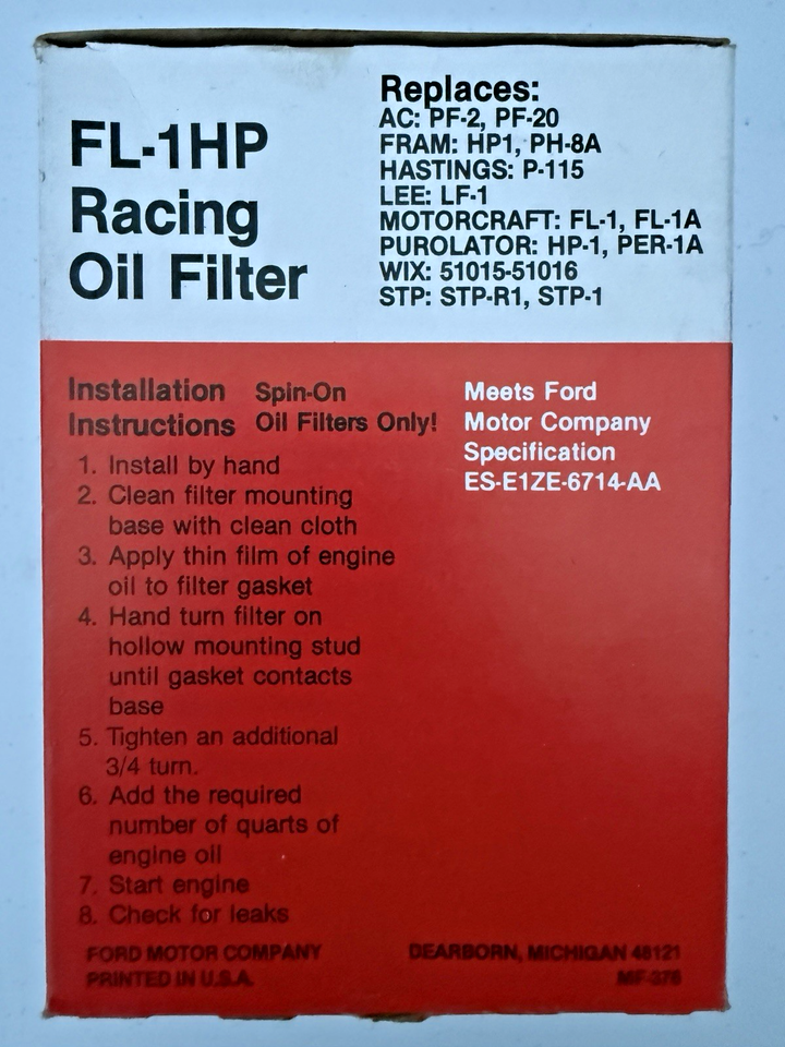 NEW OEM MOTORCRAFT FL-1HP HIGH PREF. RACING OIL FILTER BOSS SHELBY ...