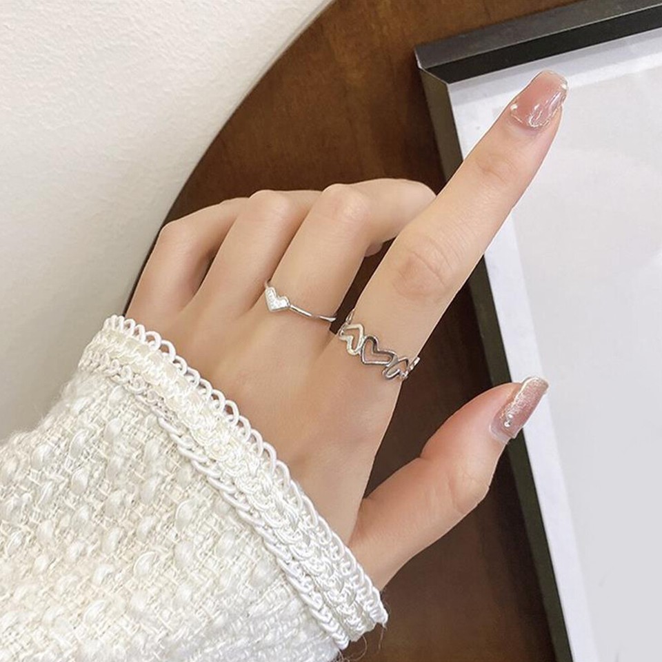 2Pcs/Set Silver Color Rings Hollowed Heart Shape Open Ring Adjustable ...