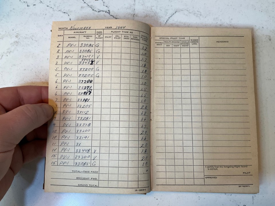 NAMED WWII VPB-199 US Navy Aviators Flight Log Book PV-1 PV-2 WW2 ...
