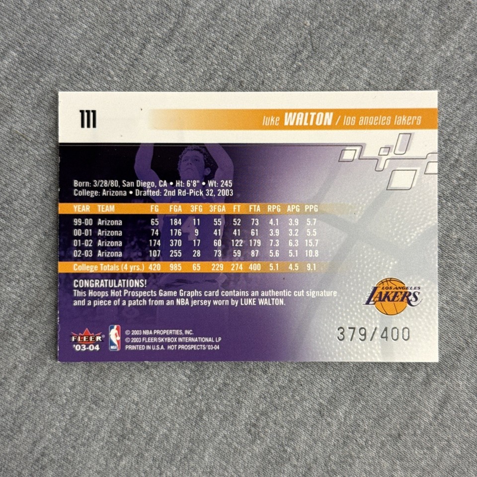 2003-04 Hoops Hot Prospects #111 Luke Walton Patch Rookie RC Auto #/400 ...