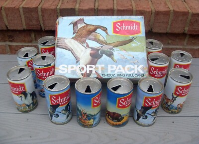 SCHMIDT BEER Sport Pack Vintage RING PULL BEER CANS (12) Original Box ...