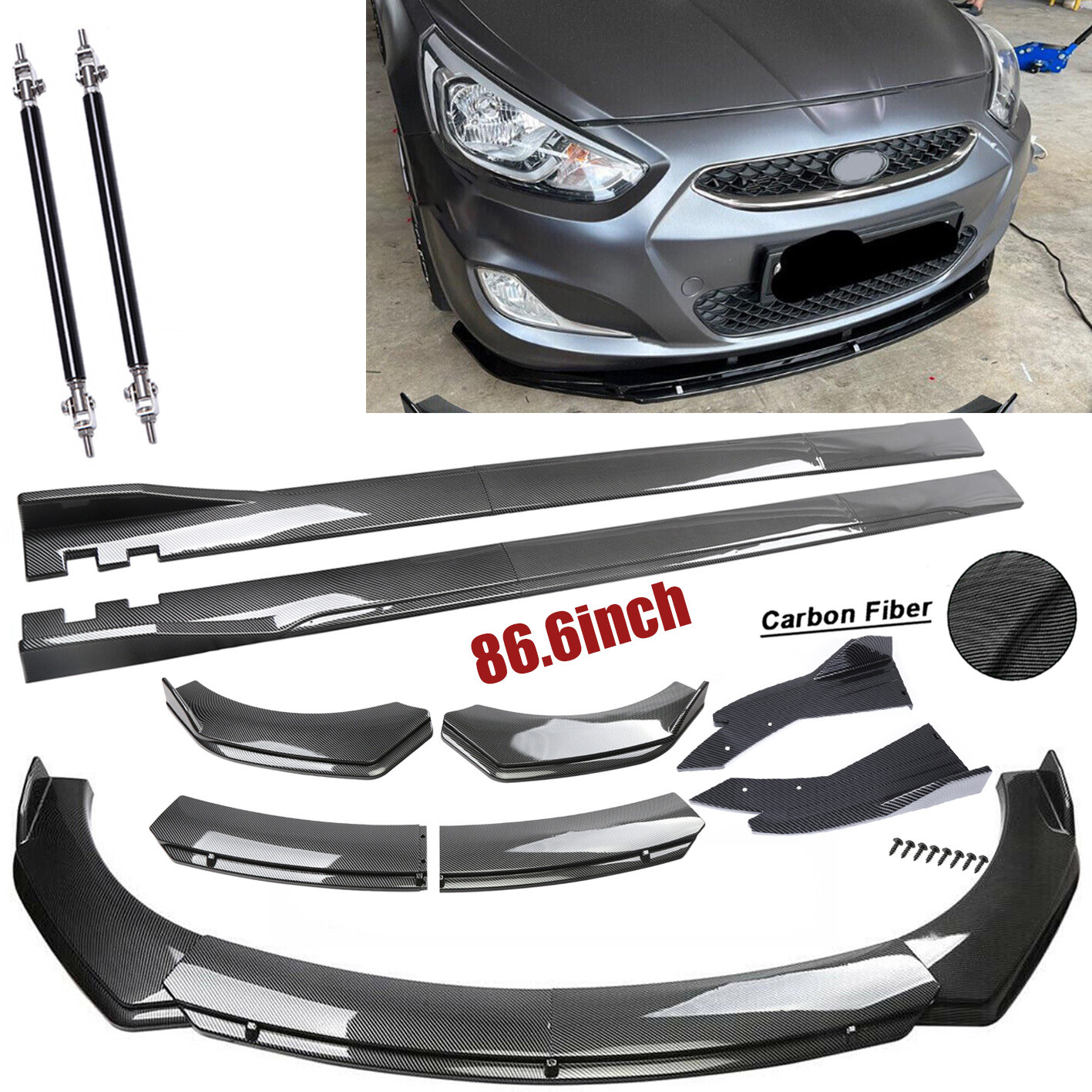 For Hyundai Accent Fiber Front Bumper /Lip Spoiler 86.6" /Side Skirt ...