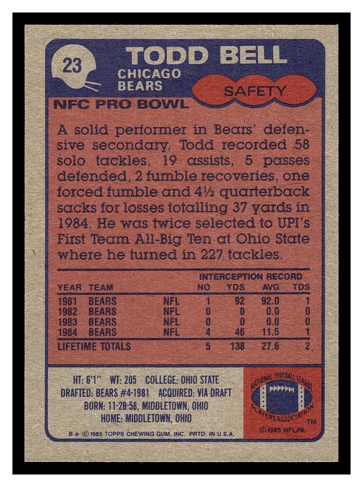 1985 TOPPS FOOTBALL TODD BELL #23 ROOKIE CARD CHICAGO BEARS HIGH GRADE ...