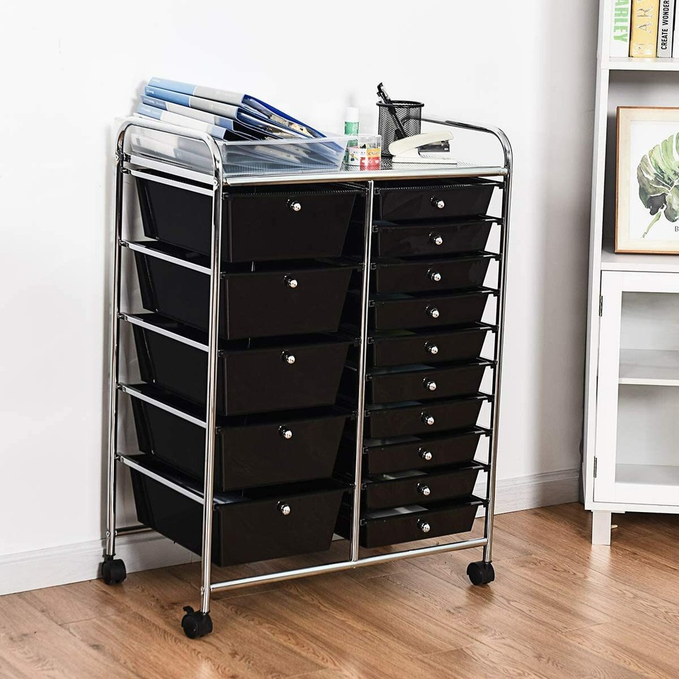 Black 15 Drawer Organizer Cart Chrome Rolling Storage Craft Office ...