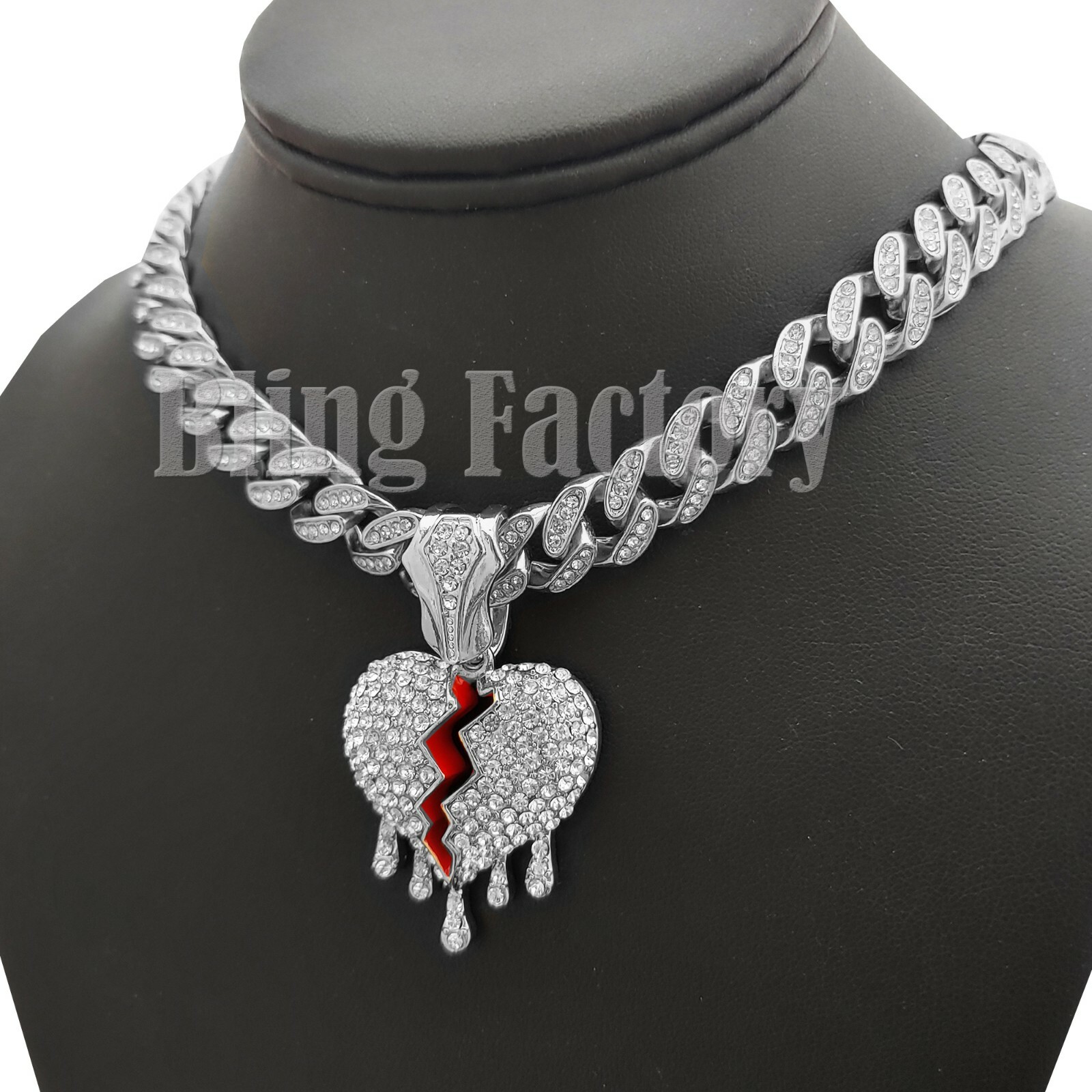 Silver Plated Alloy Drip Broken Heart Iced Cubic Zirconia Cuban Chain ...