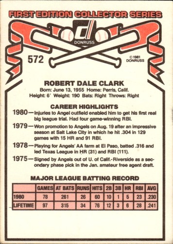 Bobby Clark 1981 Donruss #572 California Angels | eBay