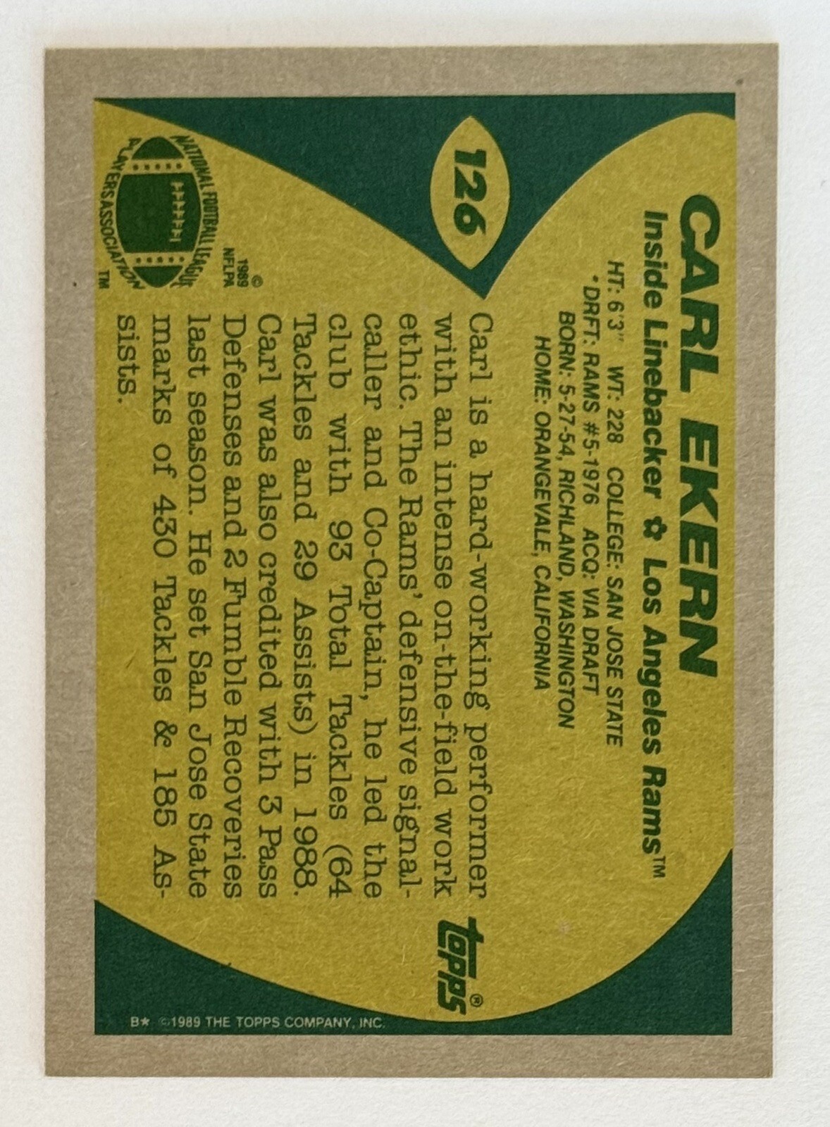 1989 Topps Football #126 Carl Ekern - Los Angeles Rams | eBay