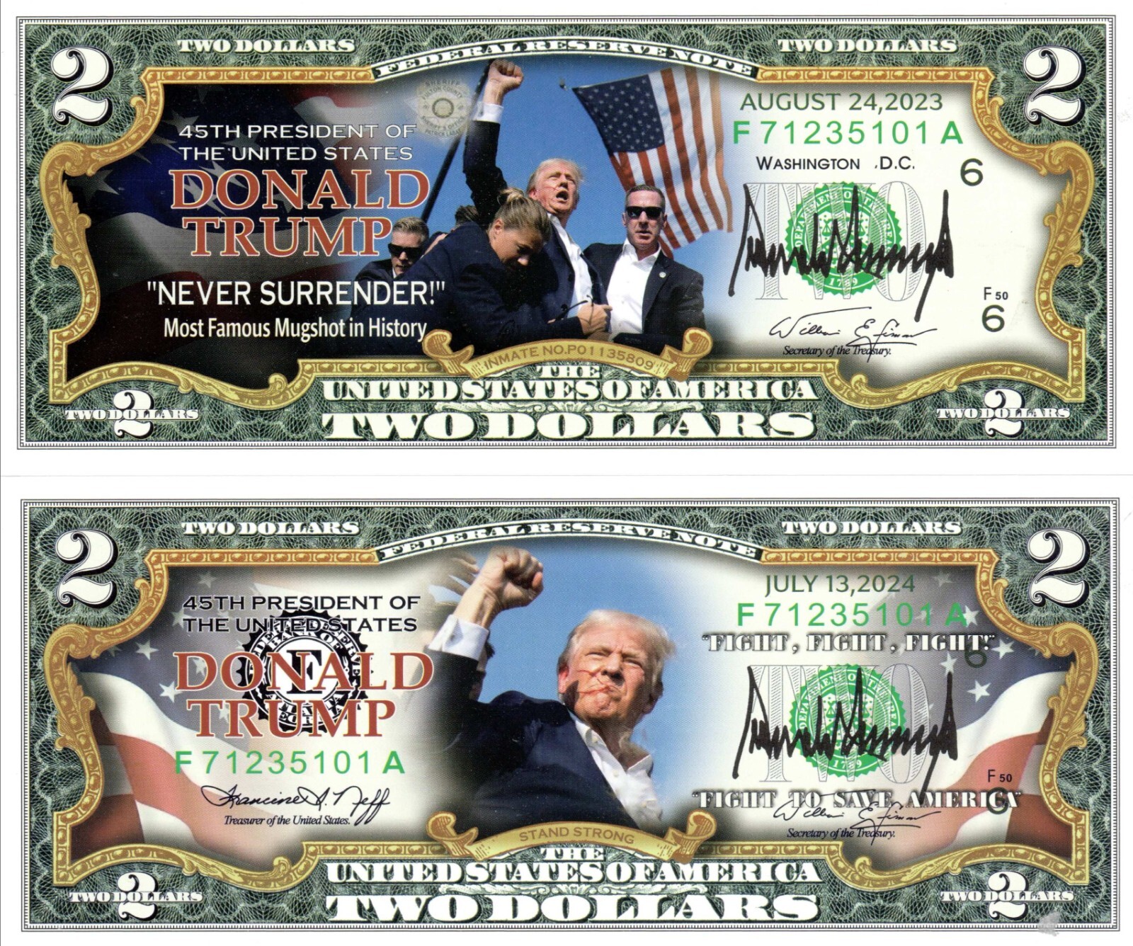 BOTH 2024 Donald Trump $2 Novelty Dollar Bill Trump Assassination SHIPS ...