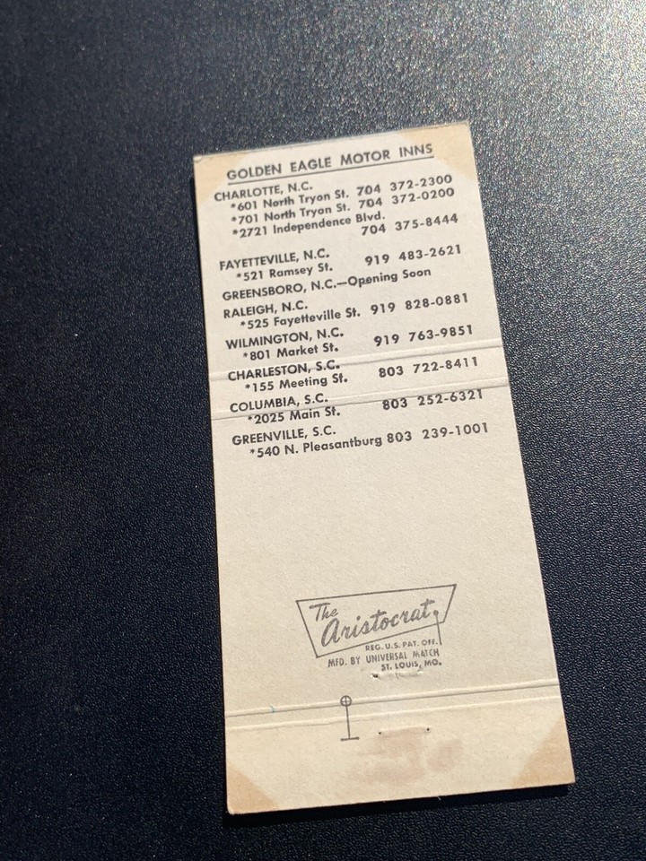 Vintage Matchbook: “Golden Eagle Motor Inns” North And South Carolina ...