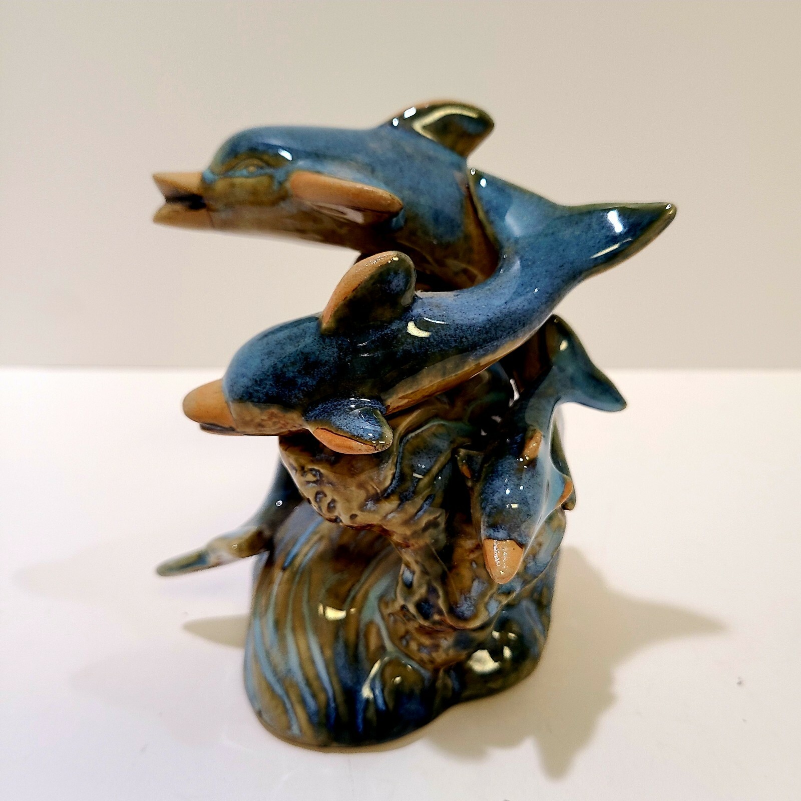 Glazed Pottery Dolphins Figure School Of Dolphins 6" Blue Green Brown | eBay