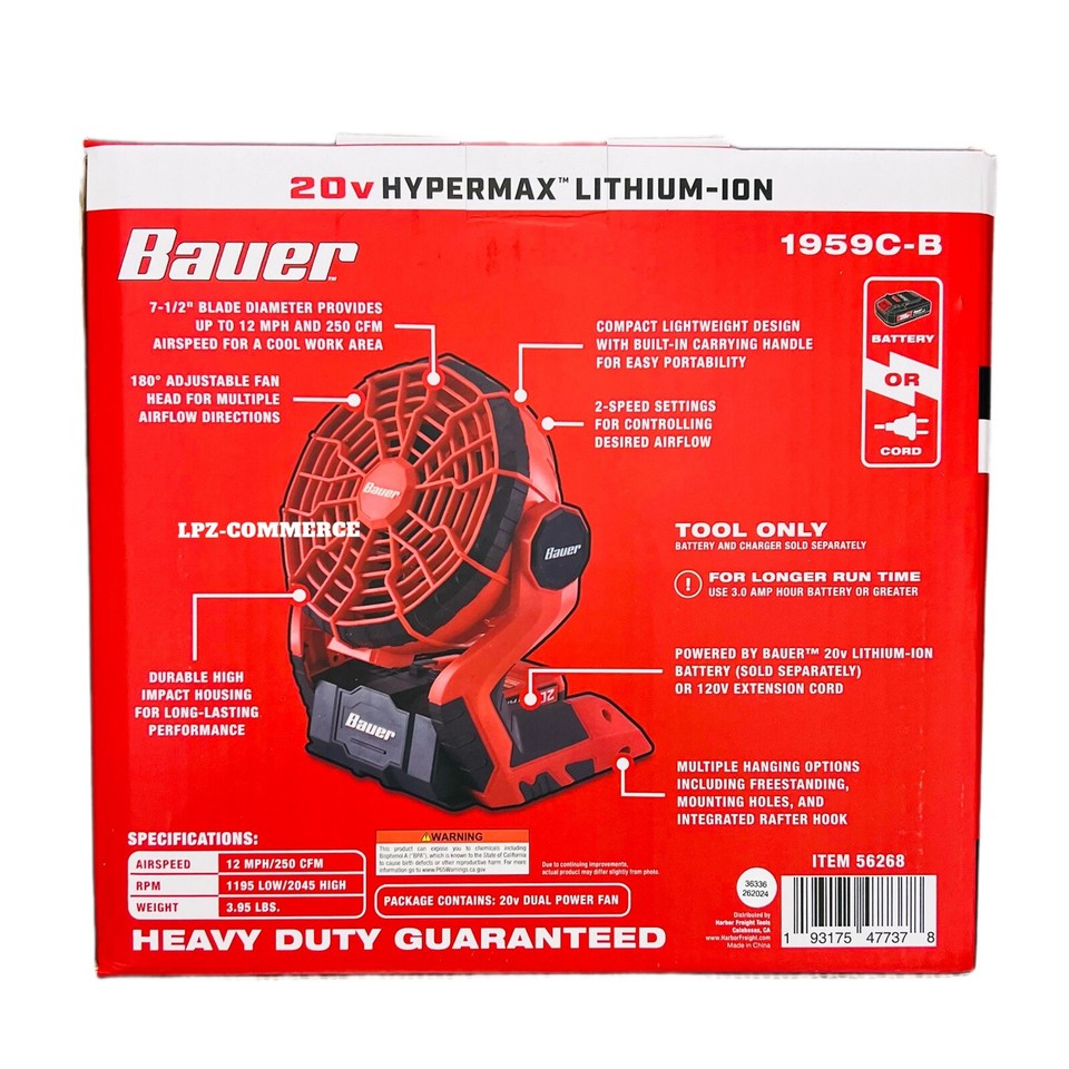 BAUER FAN CORDLESS DUAL 20V OR 120V Blower,Blow ,2-Speed !!! NEW | eBay