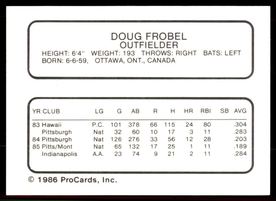 1986 ProCards (Mets Logo) Minor League Doug Frobel (C) Tidewater Tides ...