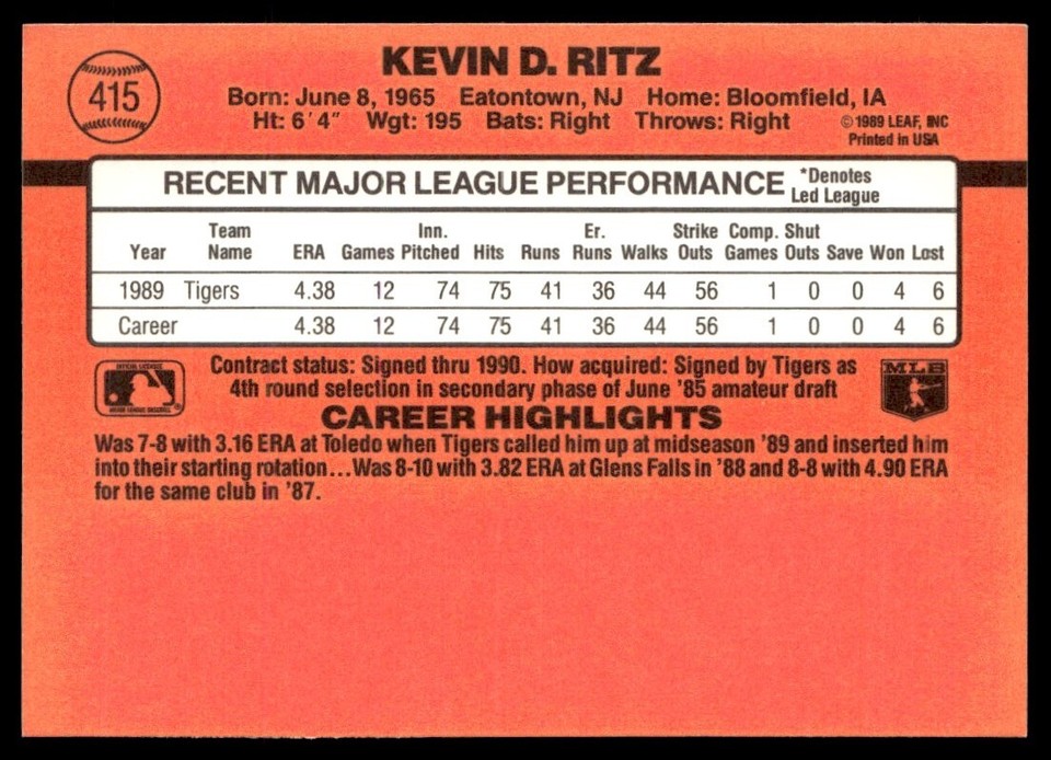 1990 Donruss Kevin Ritz Detroit Tigers #415 | eBay